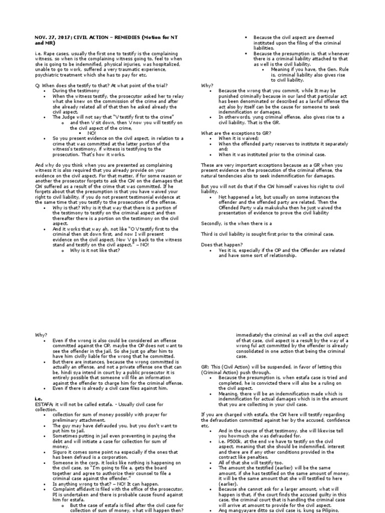 Nov. 27, 2017 Civil Action Remedies (Motion For NT and MR) | PDF ...