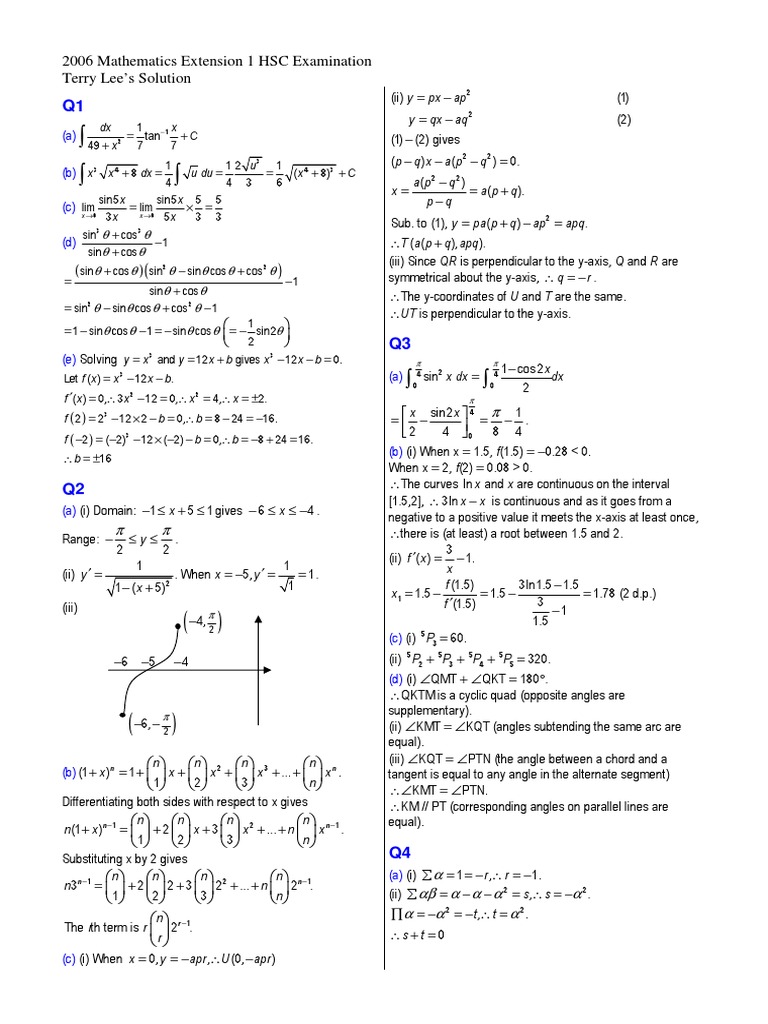 2006 Mathematics Extension 1 HSC Examination Terry Lee's Solution | PDF ...