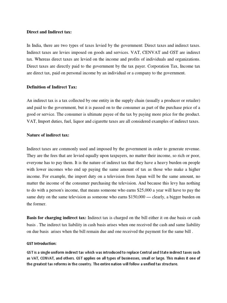 Direct And Indirect Tax Gst Introduction Pdf Value Added Tax