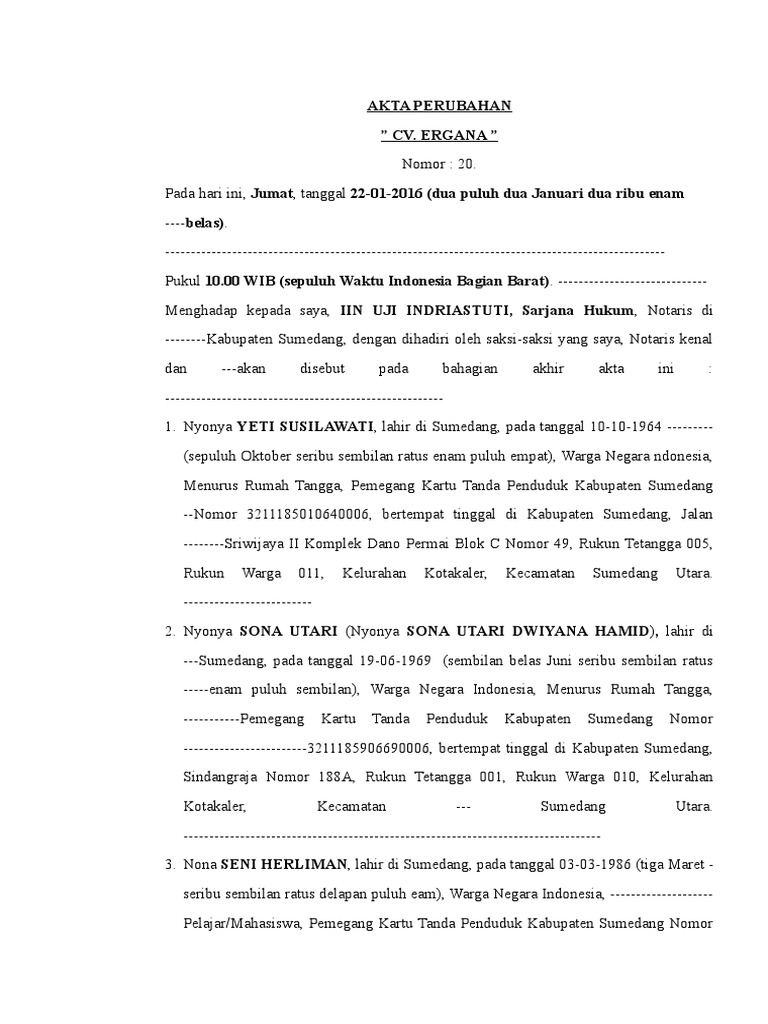 Akta Perubahan CV Ergana 2016 | PDF