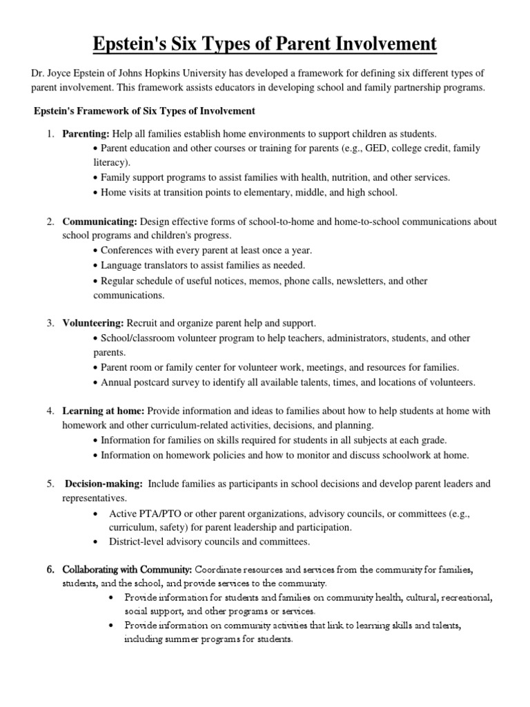 Epstein's Six Types of Parent Involvement | PDF | Schools | Community