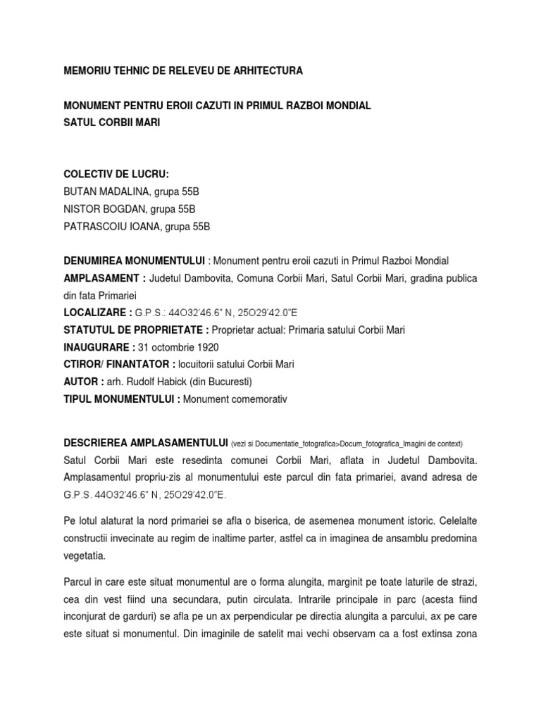 Releveu Monument Corbii Mari - Memoriu | PDF