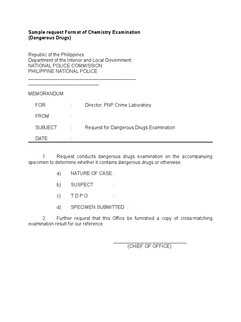 Sample Request Format of Dangerous Drugs Examination | PDF | Criminal ...