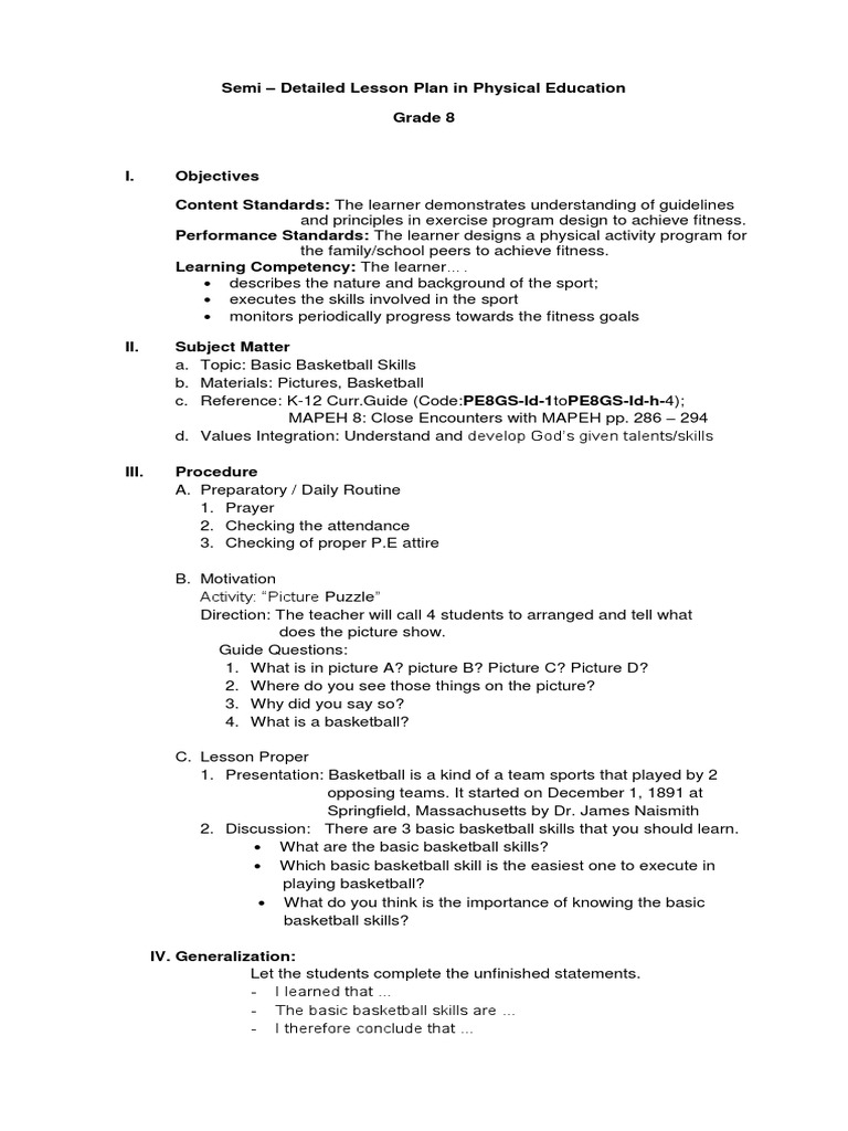 Lesson Plan 8 | PDF | Lesson Plan | Physical Education