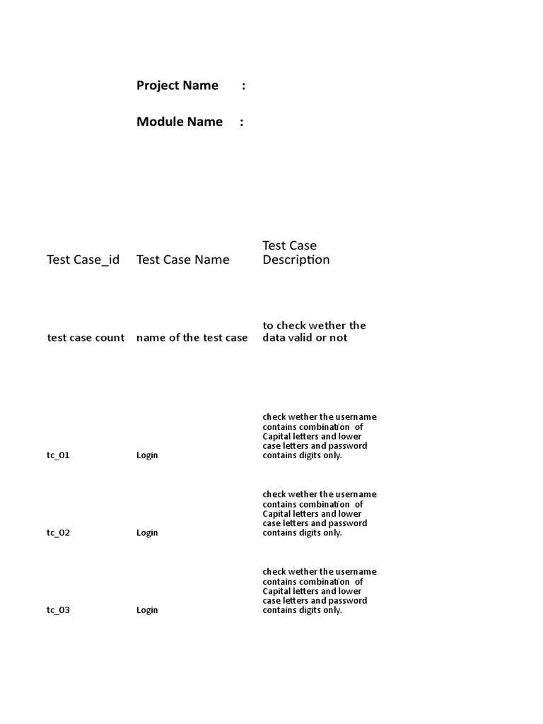 Project Name: Module Name:: Test Case - Id Test Case Name Test Case ...