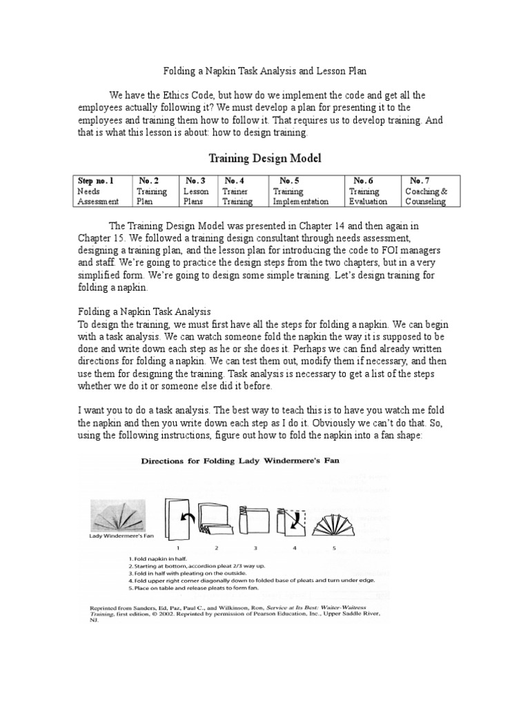 Folding A Napkin Task Analysis and Lesson Plan | PDF | Lesson Plan ...
