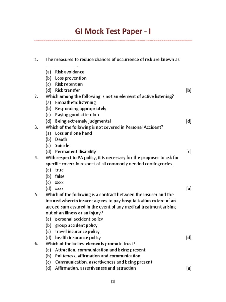 GI Mock Test Q & A | PDF | Liability Insurance | Insurance