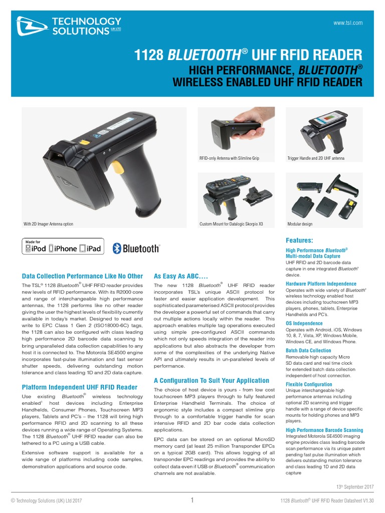 1128 Bluetooth Handheld UHF Reader Datasheet | PDF | Bluetooth | Radio ...
