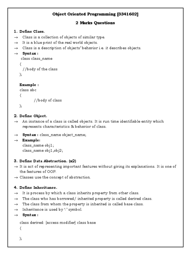 Oop 2 Marks N Prog Pdf Pdf Class Computer Programming Inheritance Object Oriented