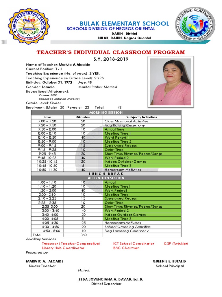 Bulak Elementary School: Teacher'S Individual Classroom Program | PDF ...