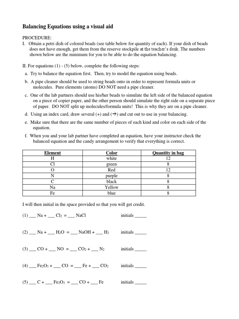 Balancing Equations Using A Visual Aid: Element Color Quantity in Bag ...