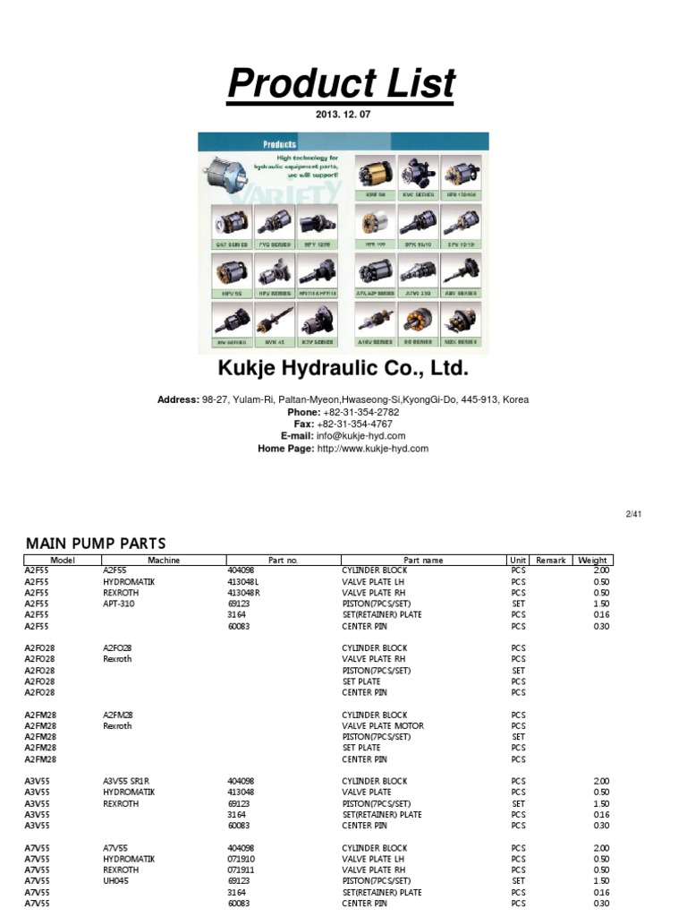 Kukje Hydraulic Parts List For All Excavator | PDF | Piston | Cylinder ...