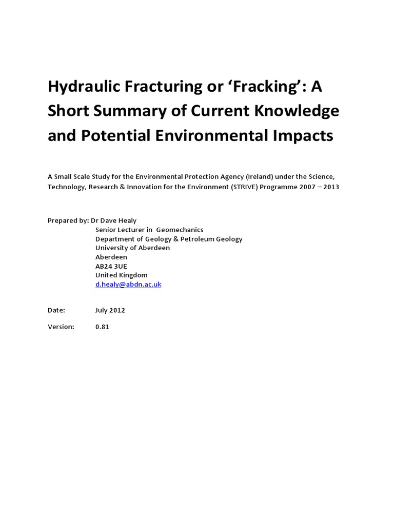 Hydraulic Fracturing or Fracking': A Short Summary of Current Knowledge and Potential ...