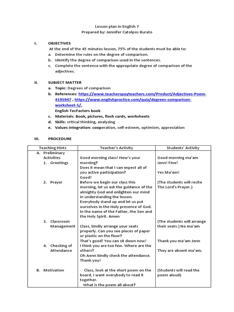 Lesson Plan | PDF | Adjective | Language Mechanics