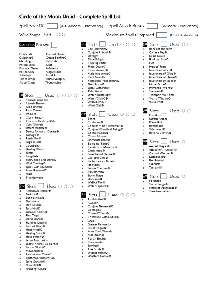 Druid Moon Complete Spell List | PDF | Nature