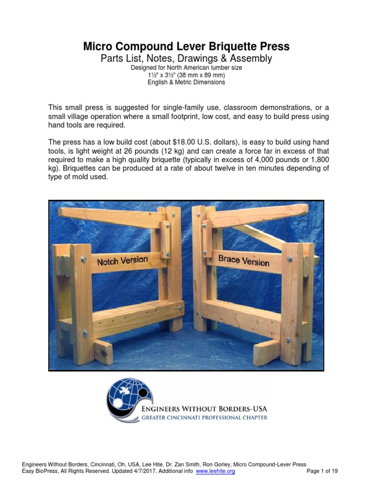 Micro Compound Lever Briquette Press: Parts List, Notes, Drawings ...