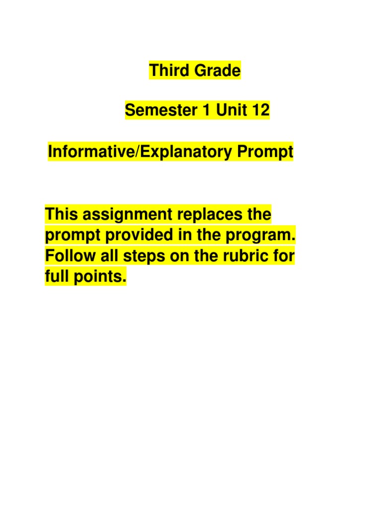 Third Grade Semester 1 Unit 12 Informative/Explanatory Prompt | PDF ...