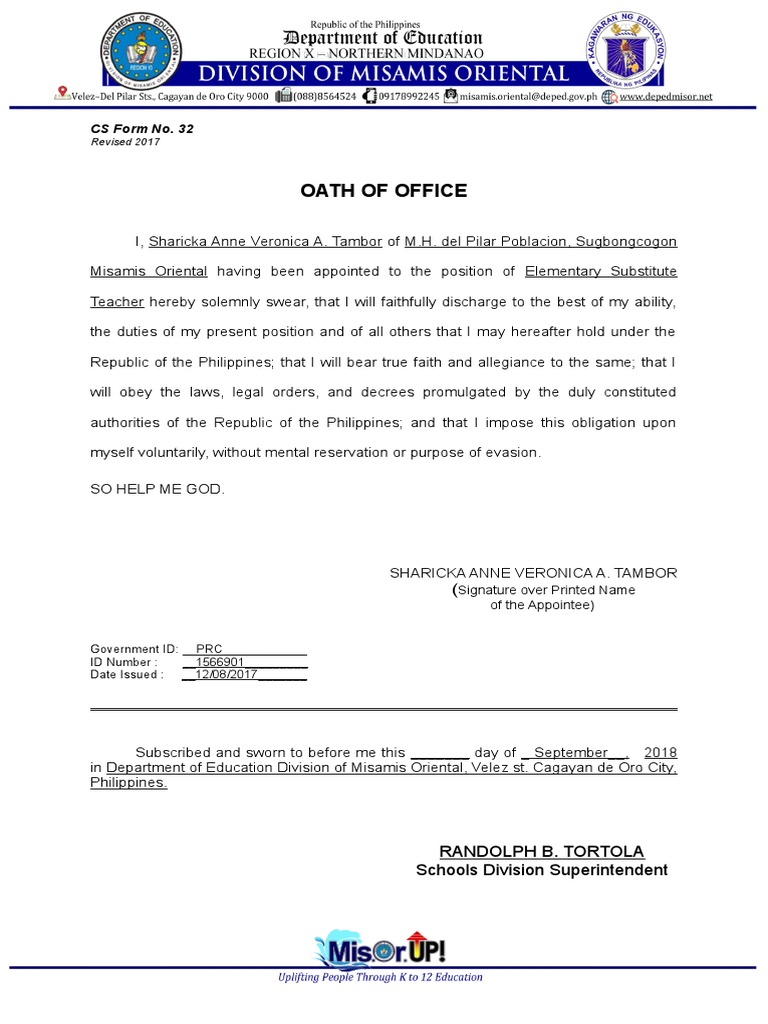 CS Form No. 32 Oath of Office | PDF