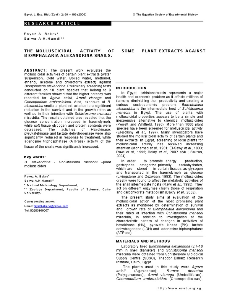 The Molluscicidal Activity of Some Plant Extracts Against Biomphalaria ...