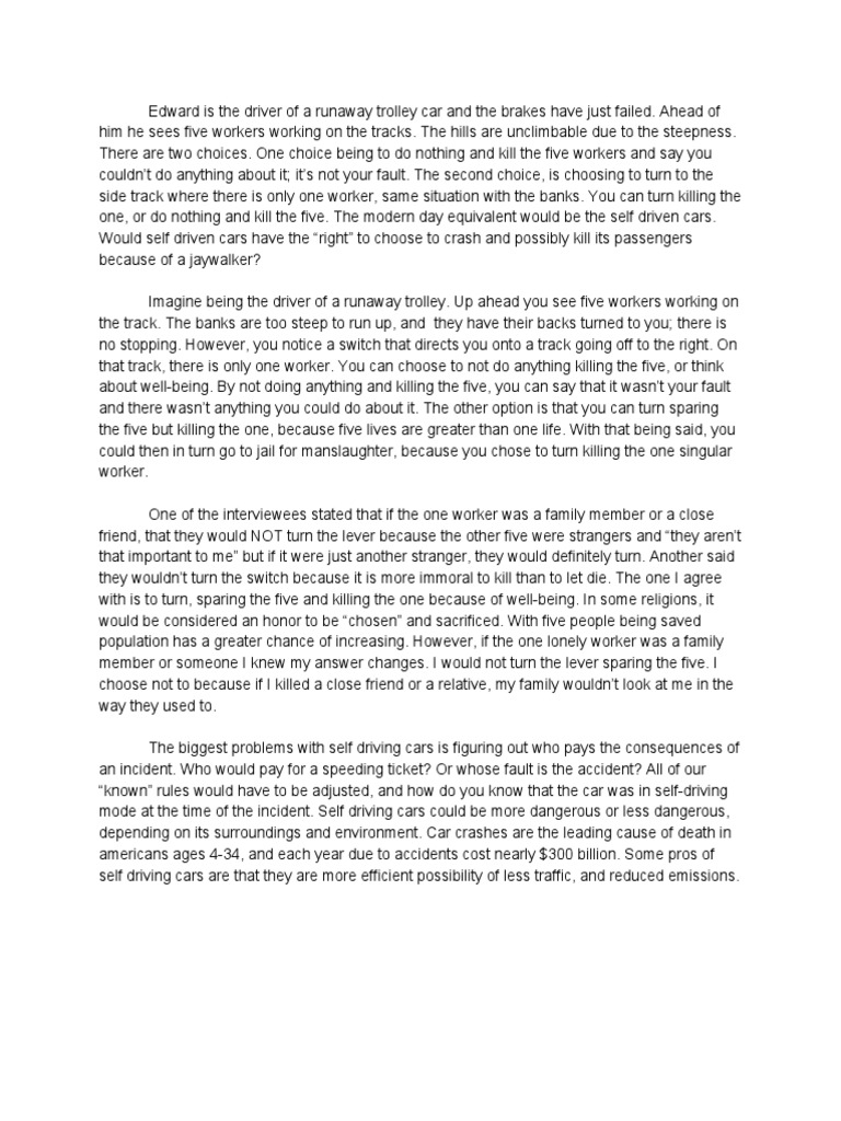 Moral Dilemma Essay | PDF | Traffic Collision | Land Transport