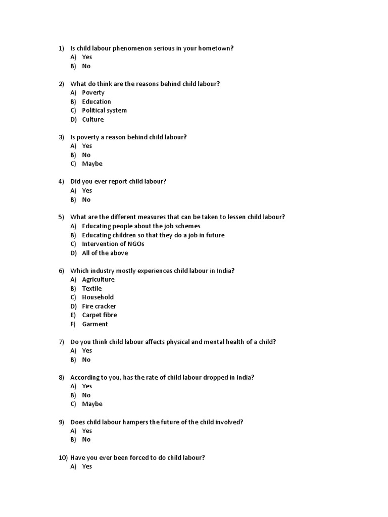 Child Labour Survey Questions | PDF