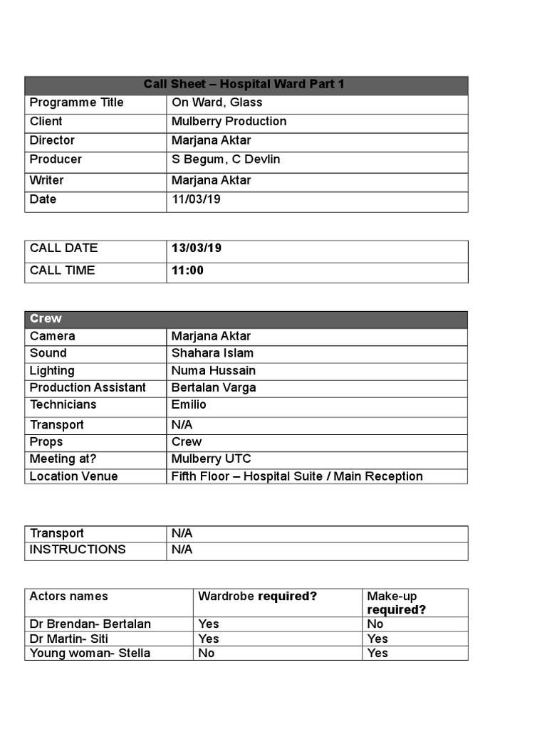 Film Crew Call Sheet: Hospital Ward | PDF