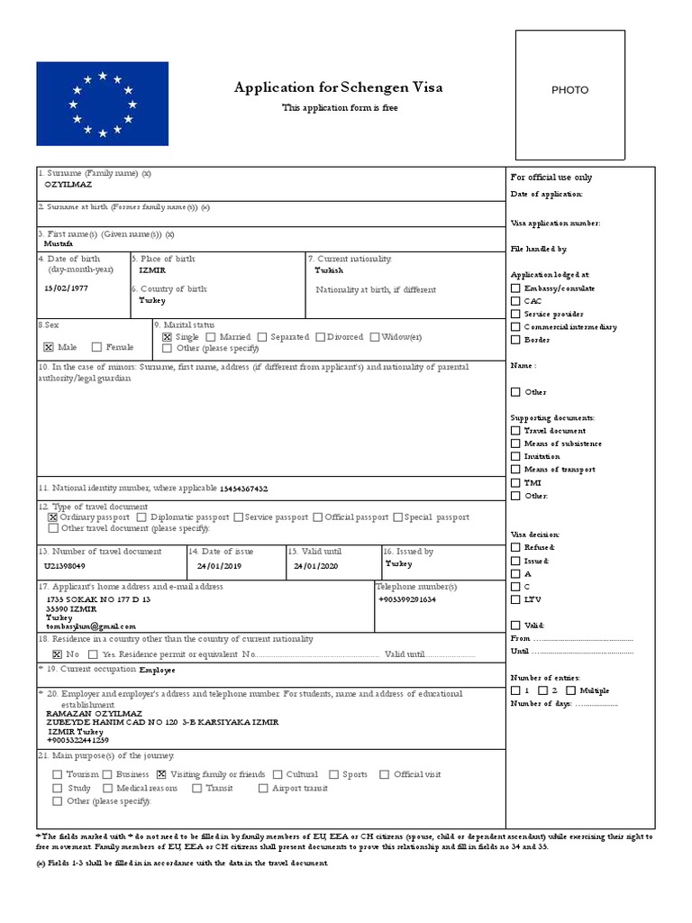 Application For Schengen Visa: Photo This Application Form Is Free ...