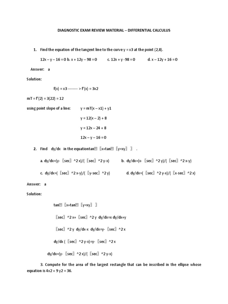 Diagnostic Exam Reviewer - Differential Calculus | PDF | Slope | Tangent