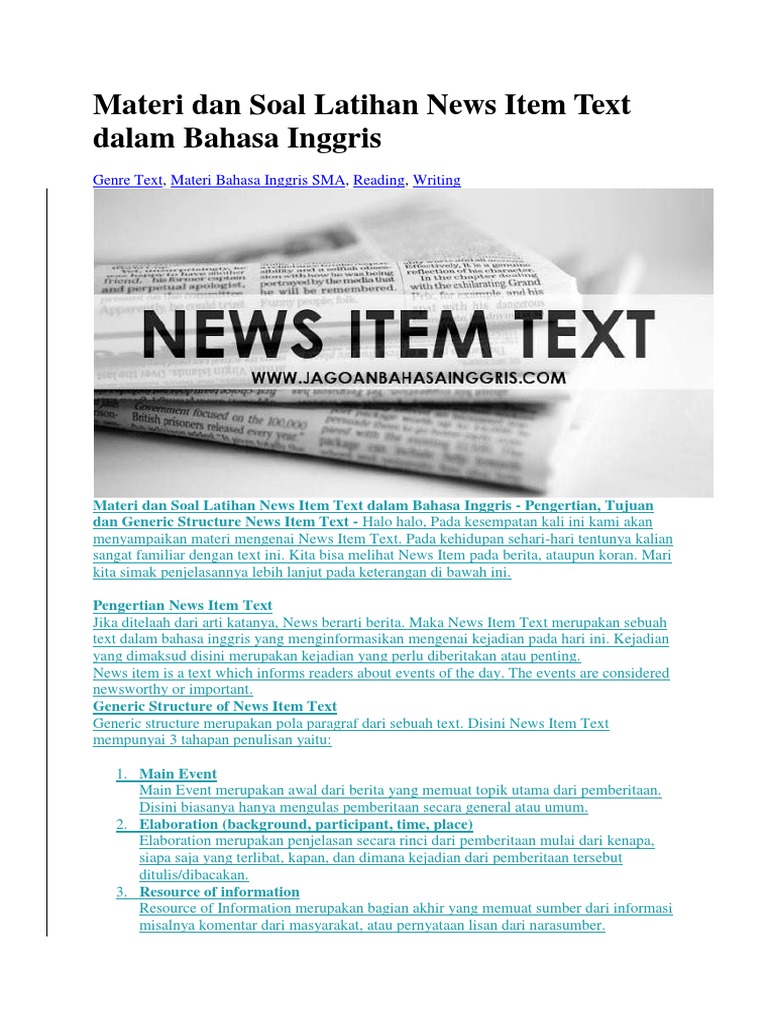 Materi Dan Soal Latihan News Item Text Dalam Bahasa Inggris | PDF