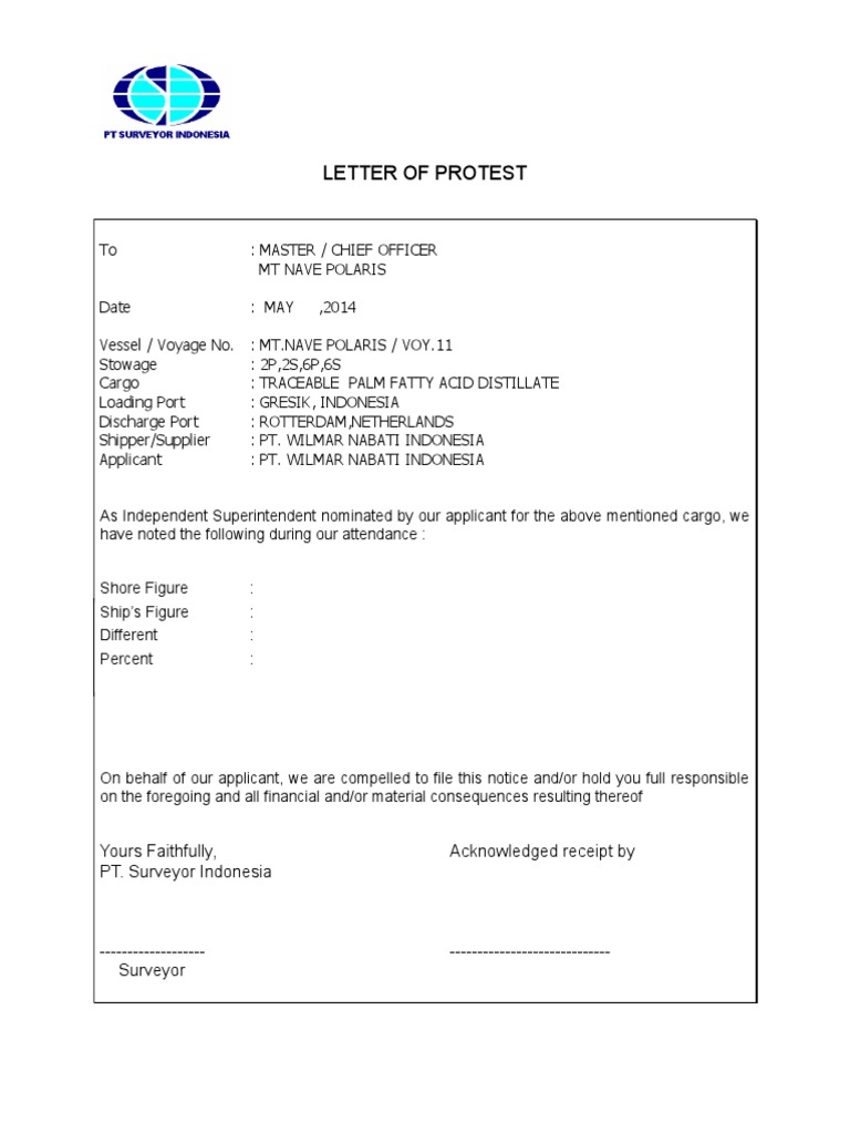 Letter of Protest: Yours Faithfully, Acknowledged Receipt by PT ...