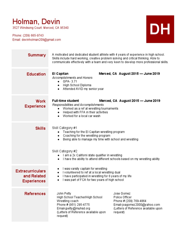 Holman, Devin: El Capitan Merced, CA August 2015 - June 2019 | PDF ...