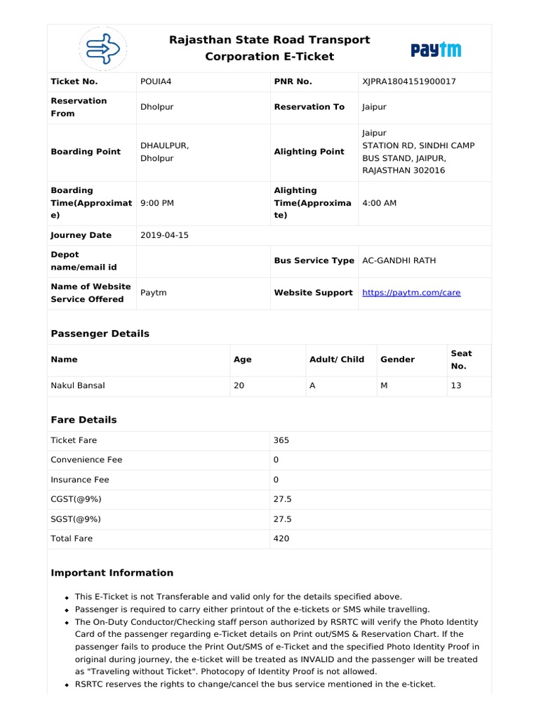 Rajasthan State Road Transport Corporation E-Ticket: Passenger Details ...