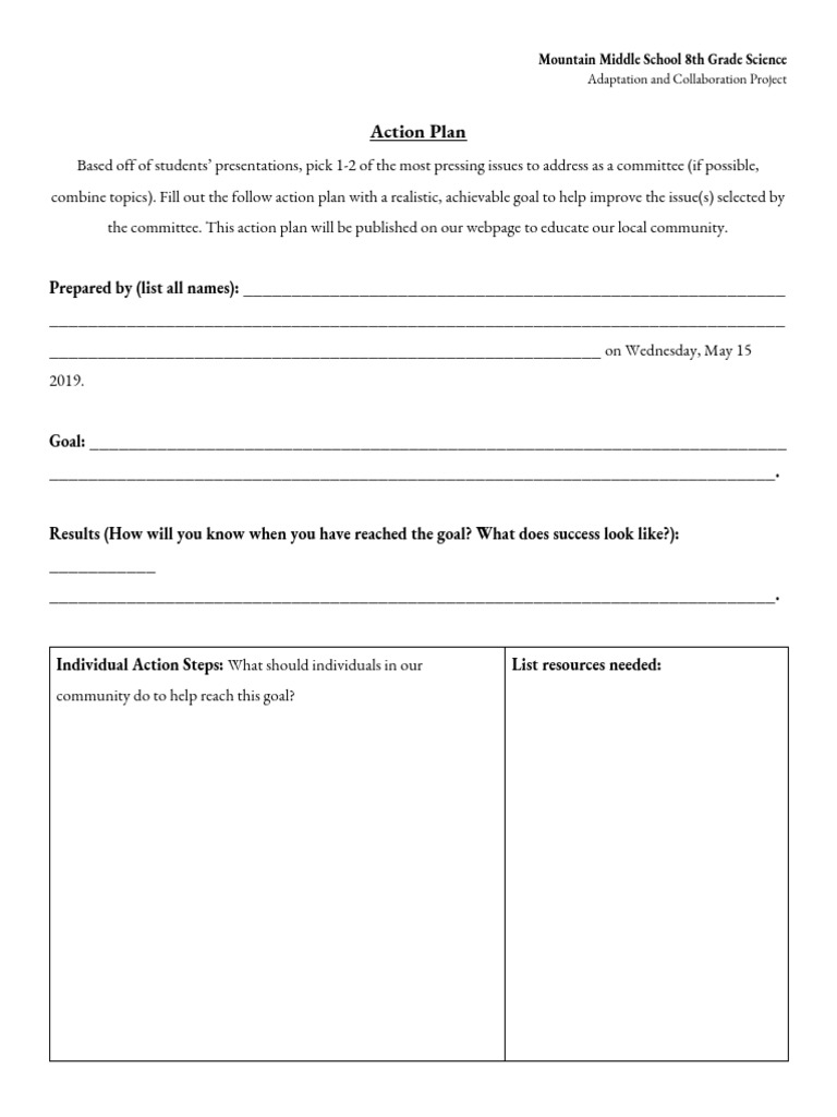 Action Plan: Mountain Middle School 8th Grade Science | PDF