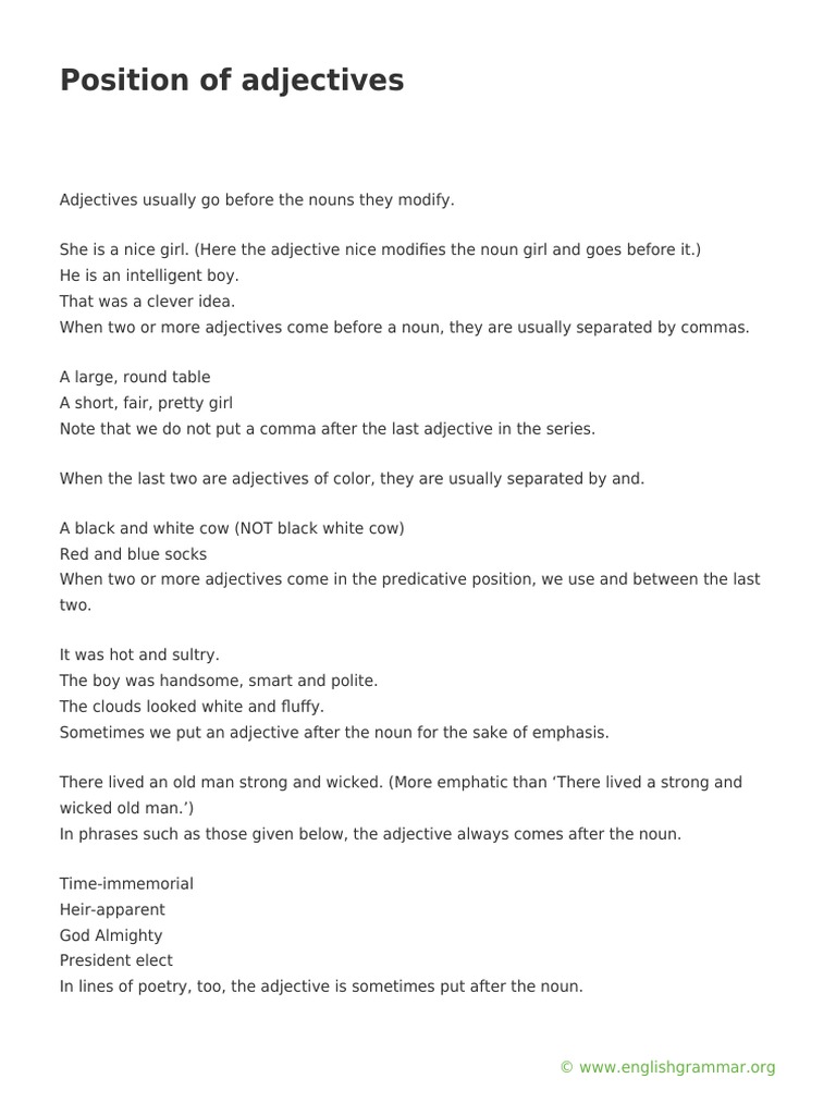 Position of Adjectives | PDF | General Fiction