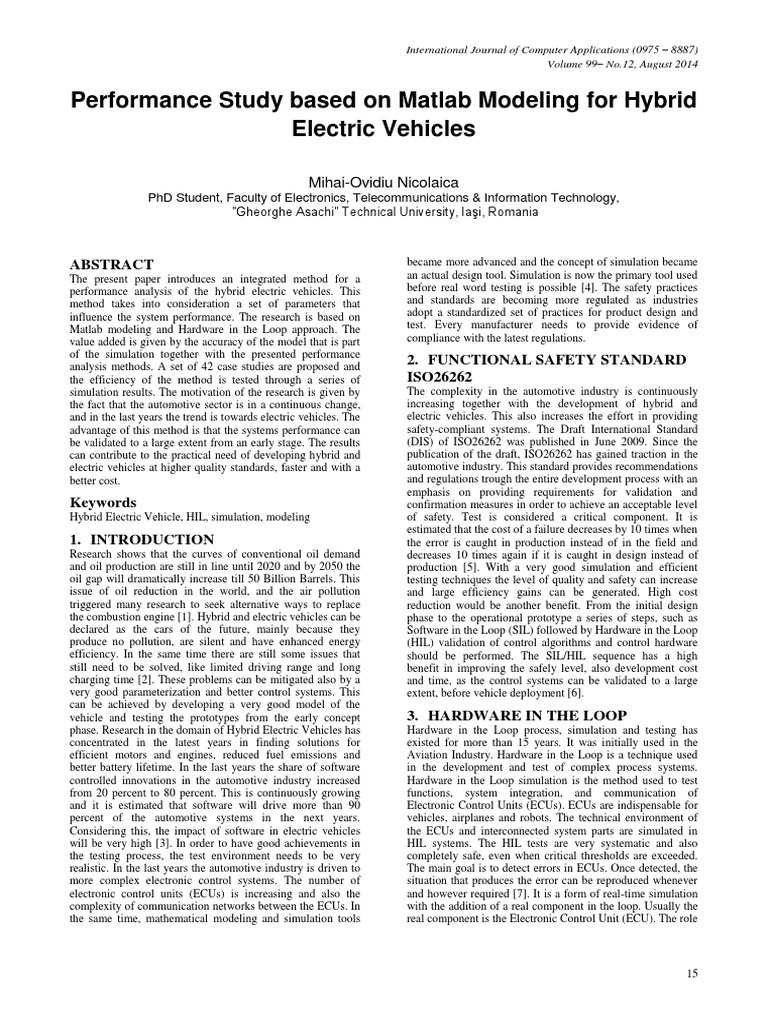 Performance Study Based On Matlab Modeling For Hybrid Electric Vehicles ...