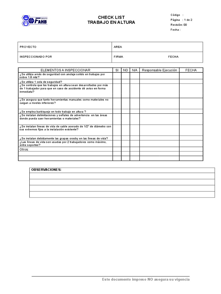 Check List Trabajo en Altura | PDF | Informática y tecnología de la ...