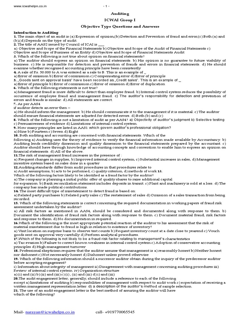 Auditing Icwai Group I Objective Type Questions and Answers: Narayan ...