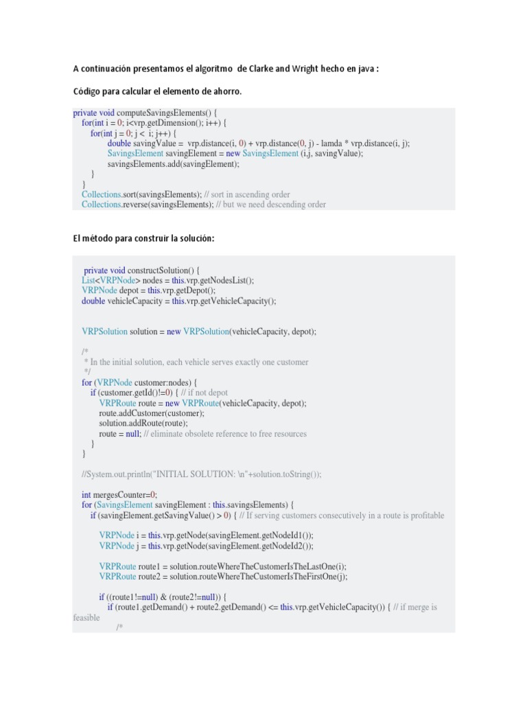 A Continuación Presentamos El Algoritmo de Clarke and Wright Hecho en Java | Download Free PDF ...