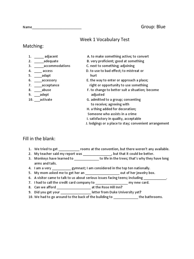 Week 1 Vocabulary Test for Students | PDF