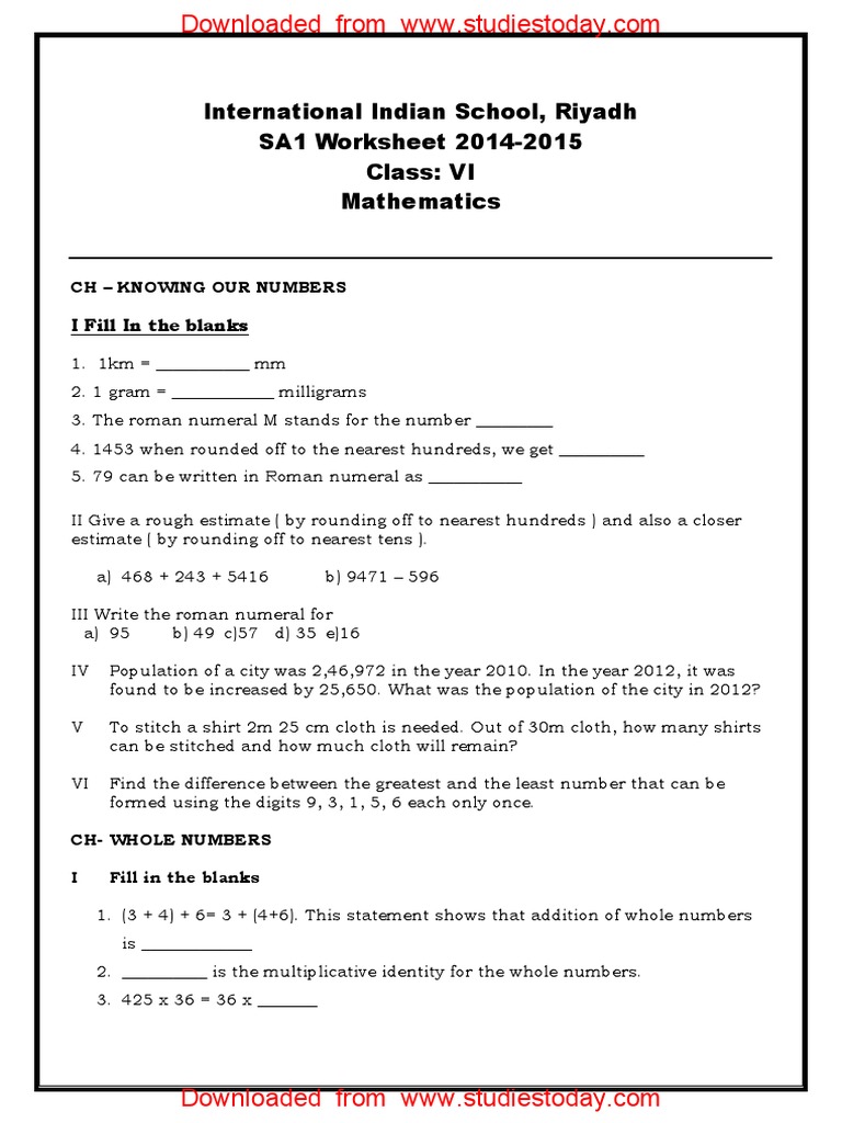 CBSE Class 6 Maths Worksheet (1) - 0 | PDF | Circle | Geometric Shapes