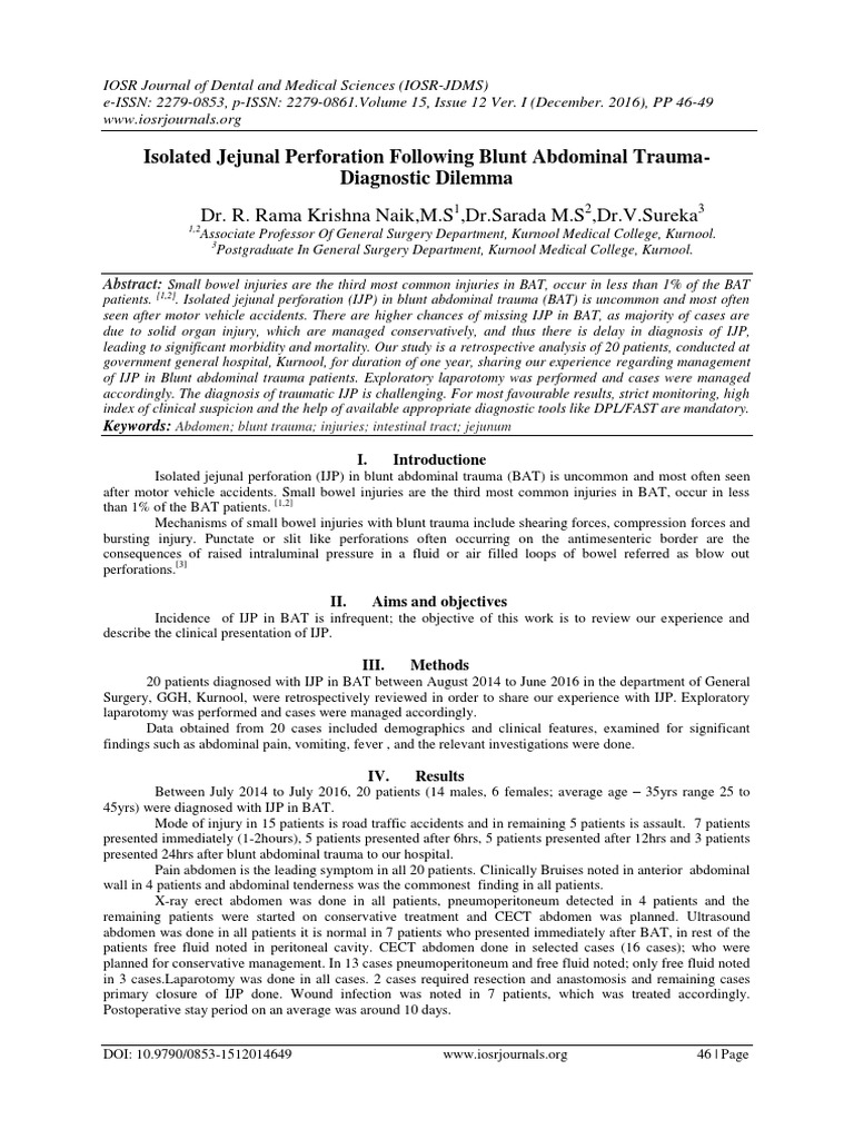 Isolated Jejunal Perforation Following Blunt Abdominal Trauma-Diagnostic Dilemma | PDF ...