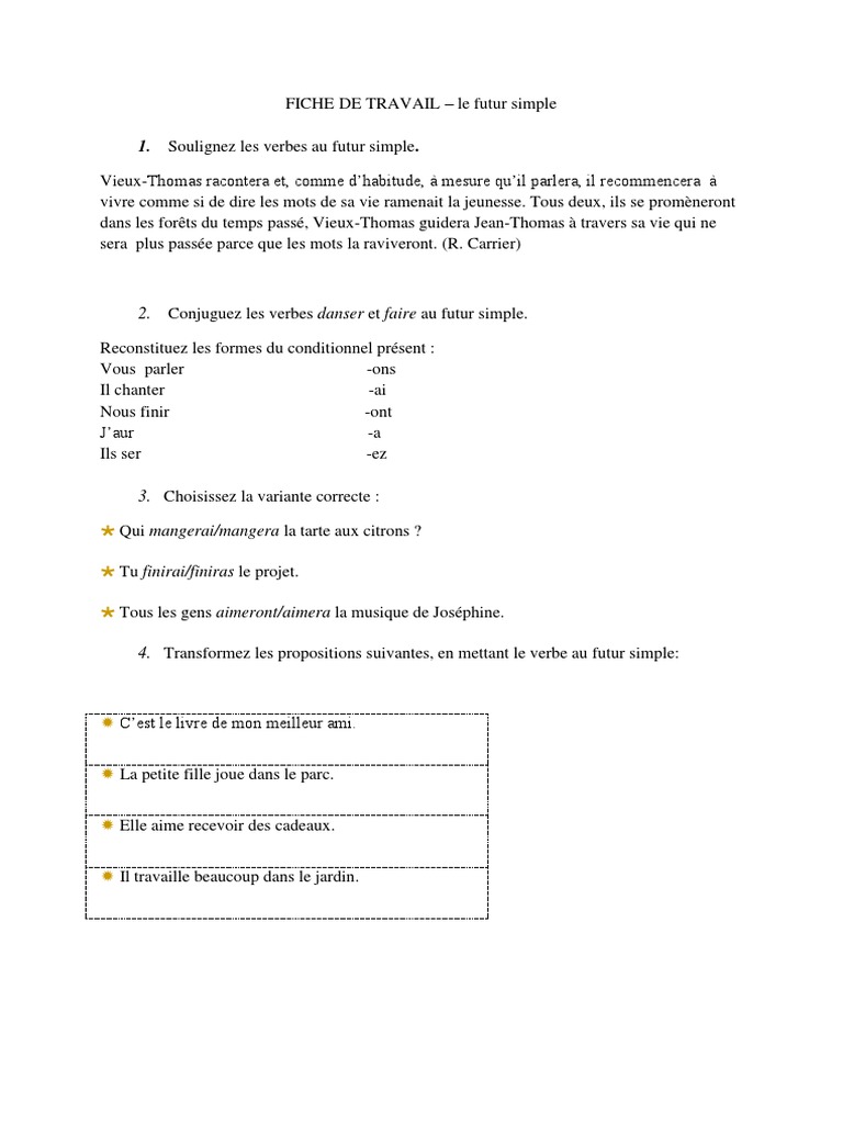 Fiche de travail sur le futur simple | PDF