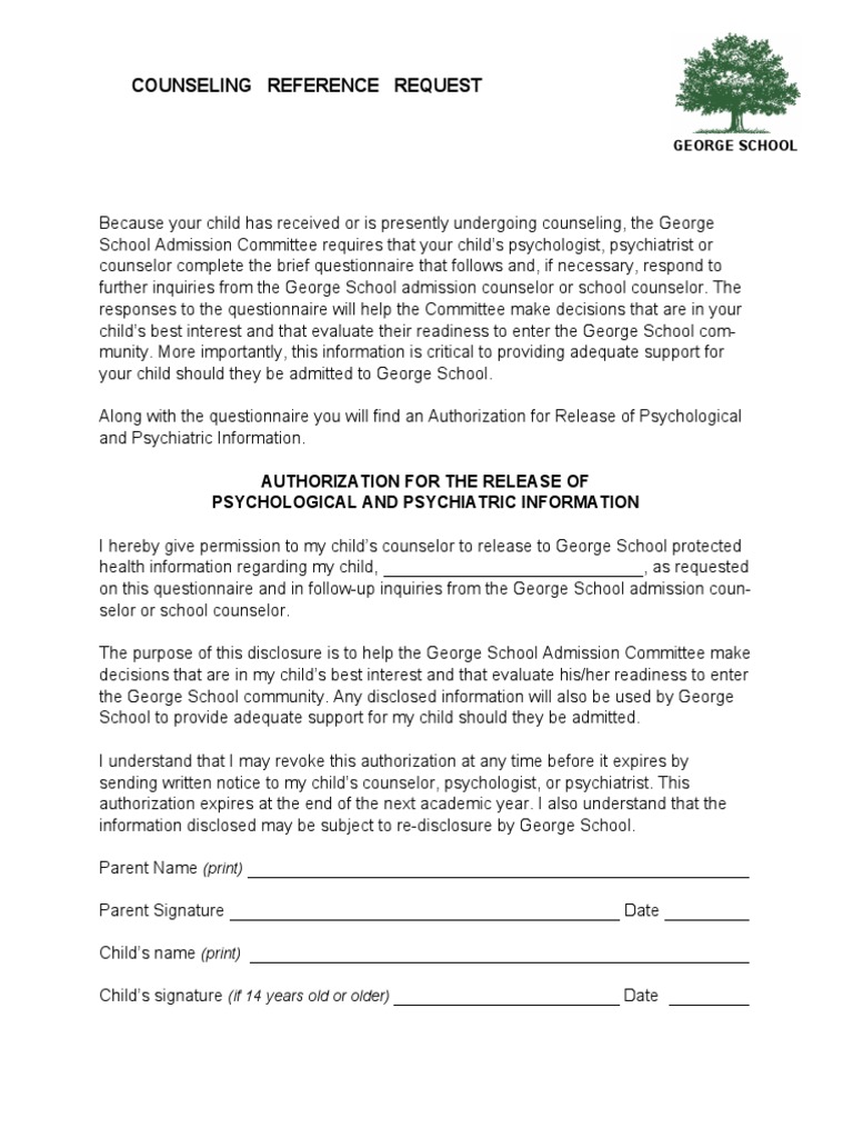 Counseling Reference Request: Authorization For The Release of ...