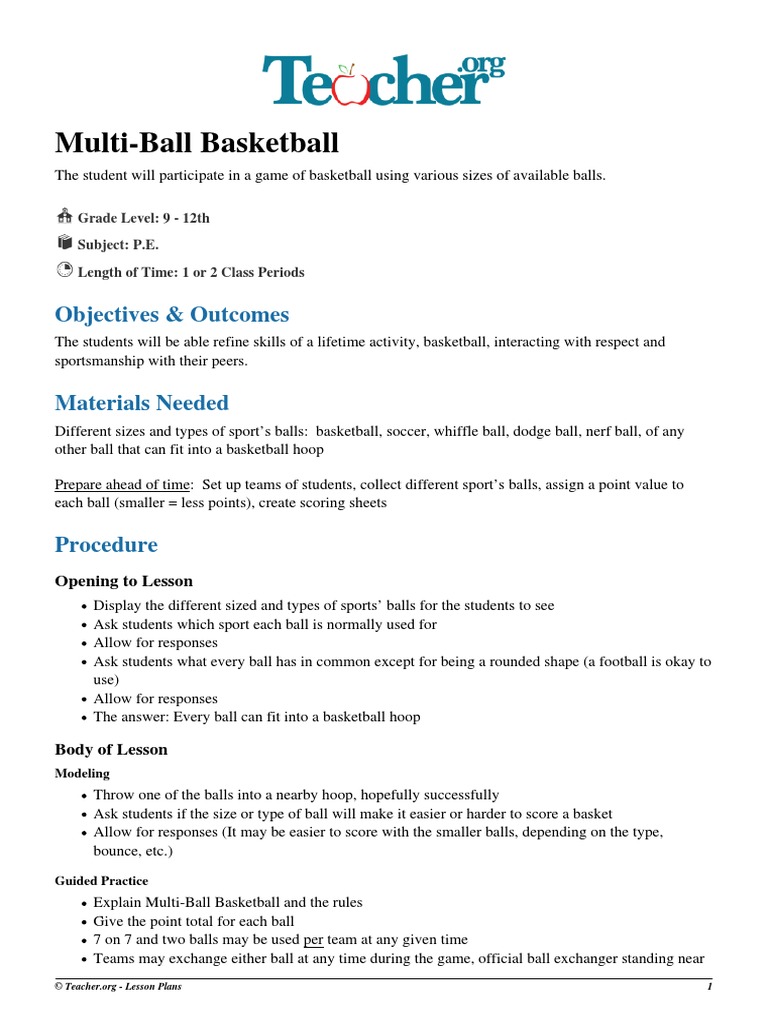 Multi-Ball Basketball: Objectives & Outcomes | PDF | Lesson Plan | Homework