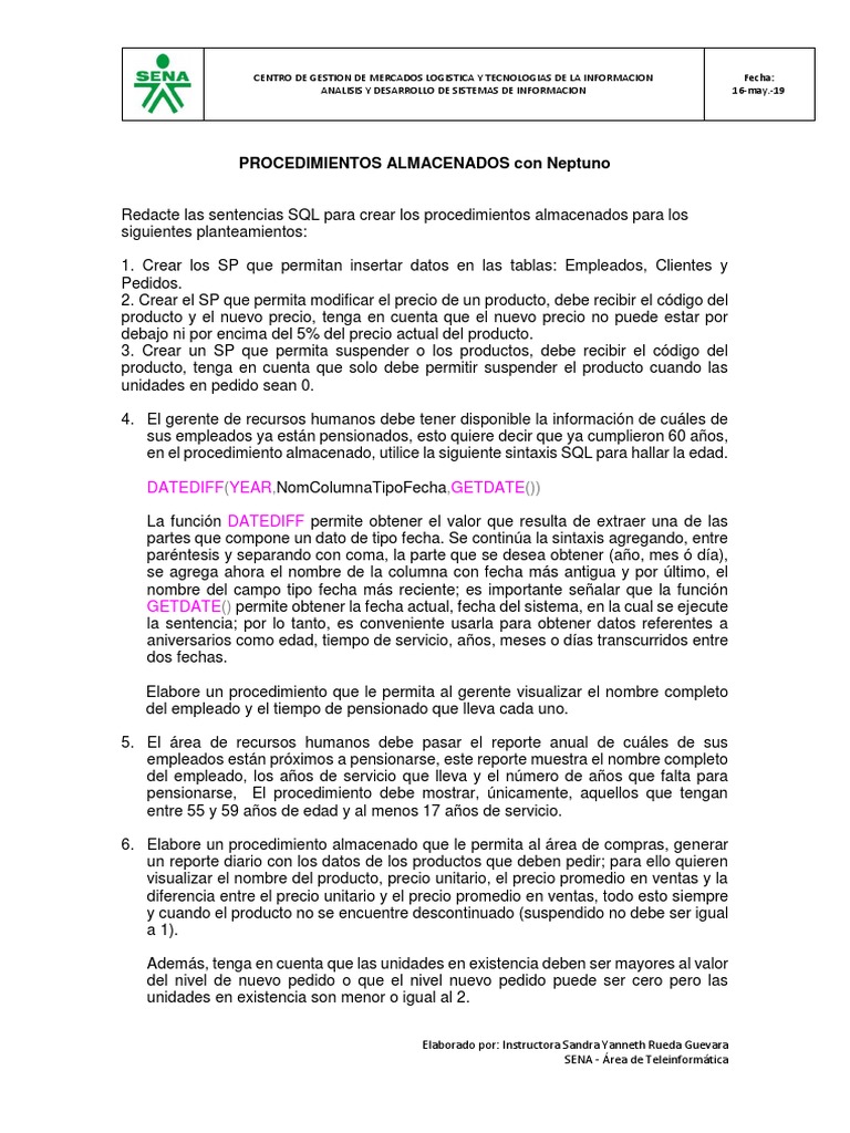 TALLER PROCEDIMIENTOS ALMACENADOS Con Neptuno | PDF | SQL | Informática