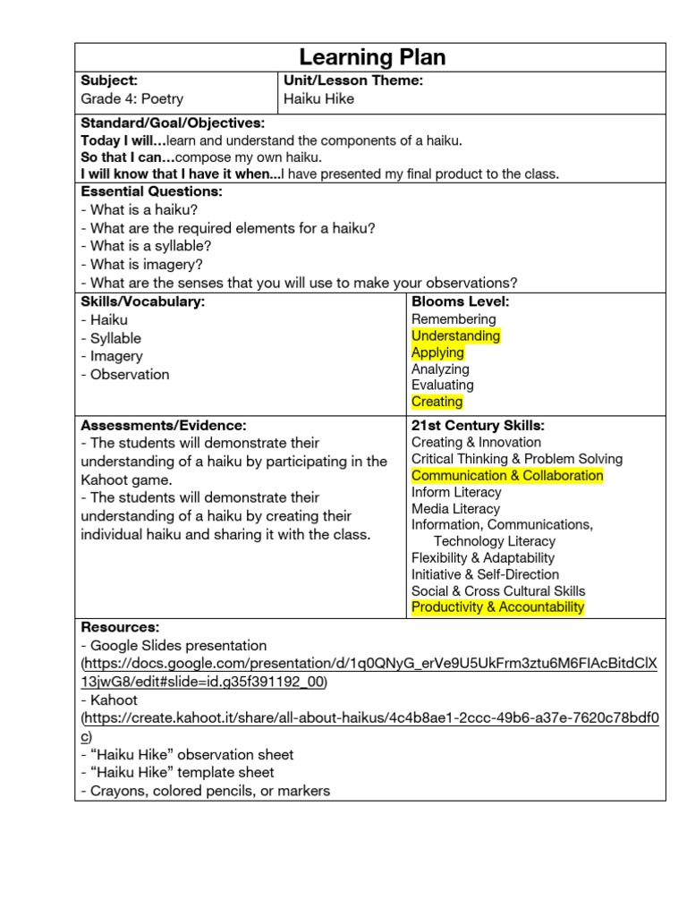 Lesson Plan 2 | PDF | Haiku | Literacy