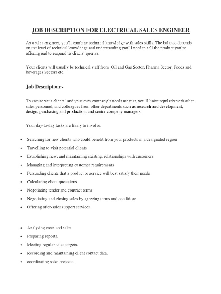 JD OF Sales Engineer Electrical | PDF | Sales | Customer