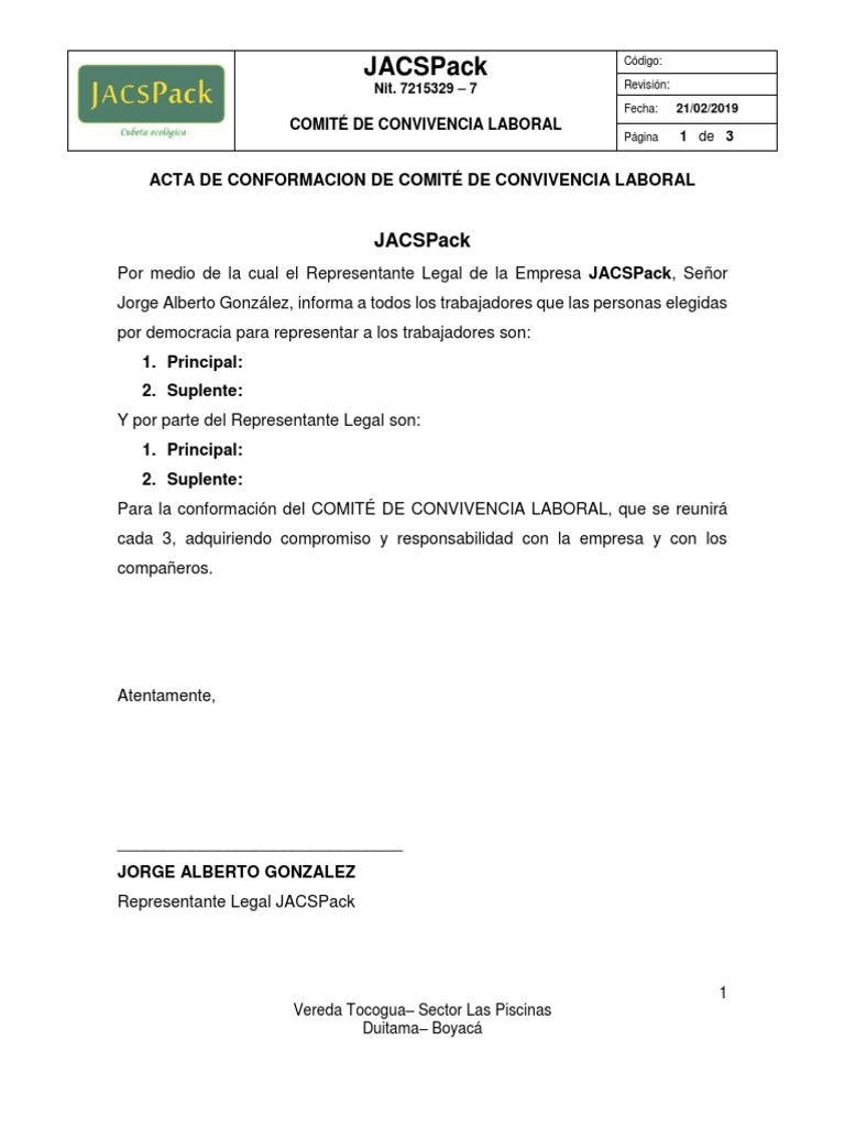 Acta de Conformacion de Comité de Convivencia Laboral | PDF