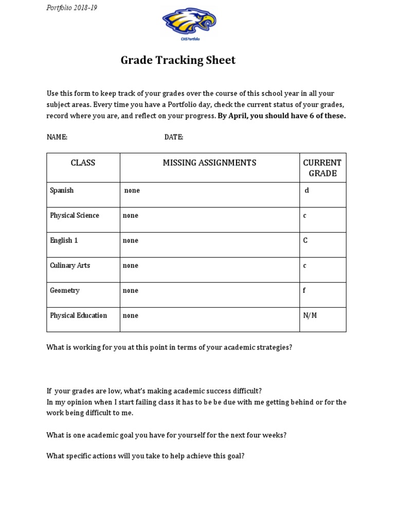 Grade Tracking Sheet: Class Missing Assignments Current Grade | PDF