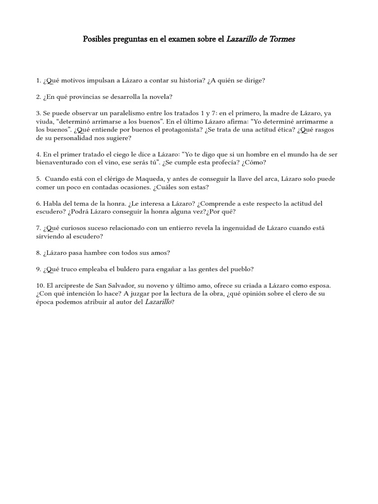 Preguntas para examen: Lazarillo de Tormes | PDF | Religión y ...
